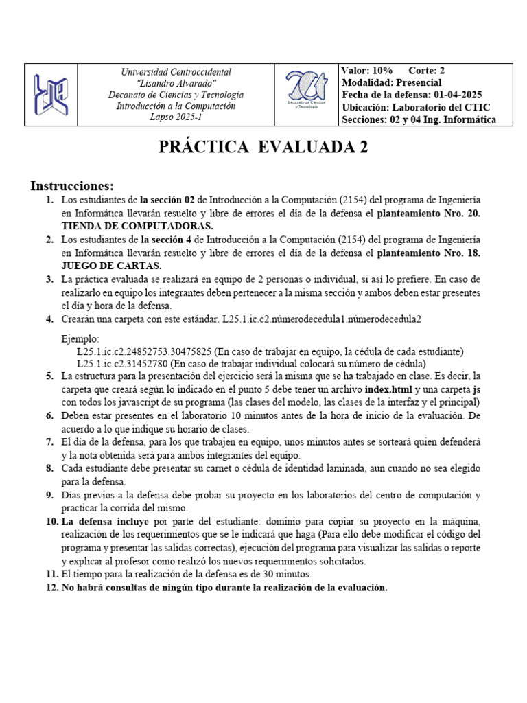 Condiciones Práctica Evaluada 2 y Los 2 Enunciados 2154 Prof Glennys Clemant | PDF | Informática