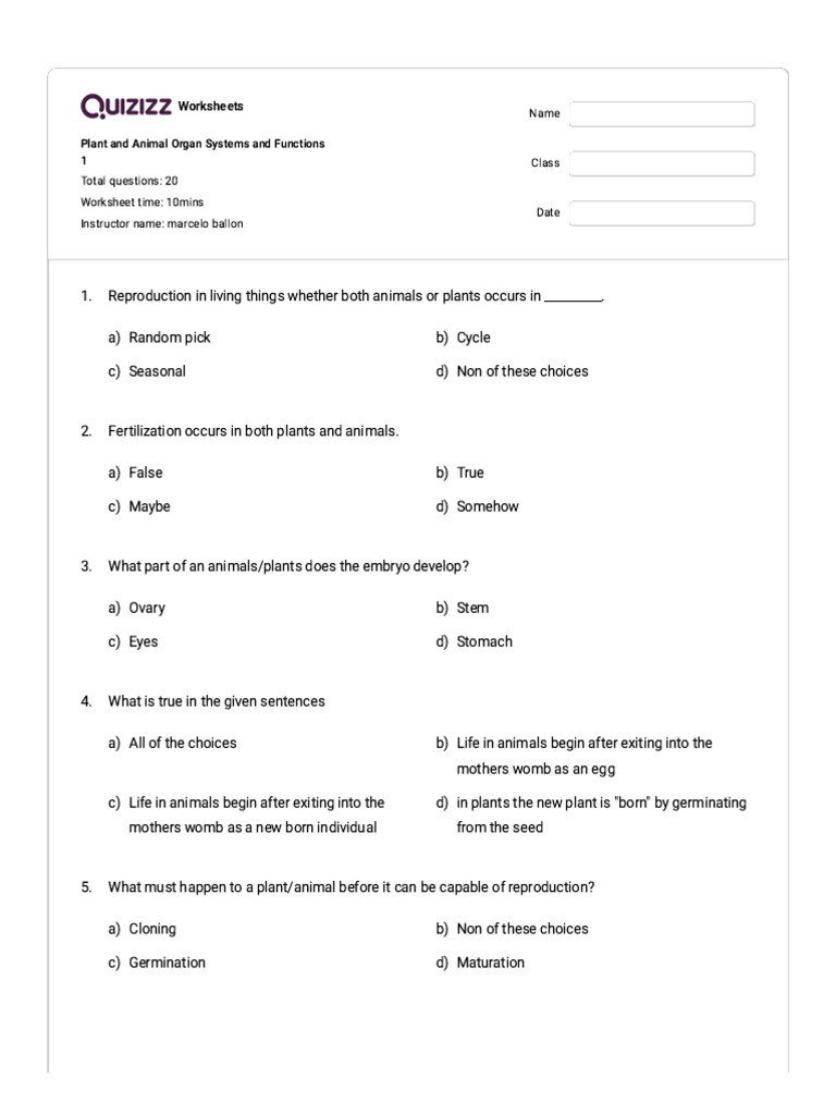 Plant and Animal Organ Systems Quiz | PDF | Plants | Cloning