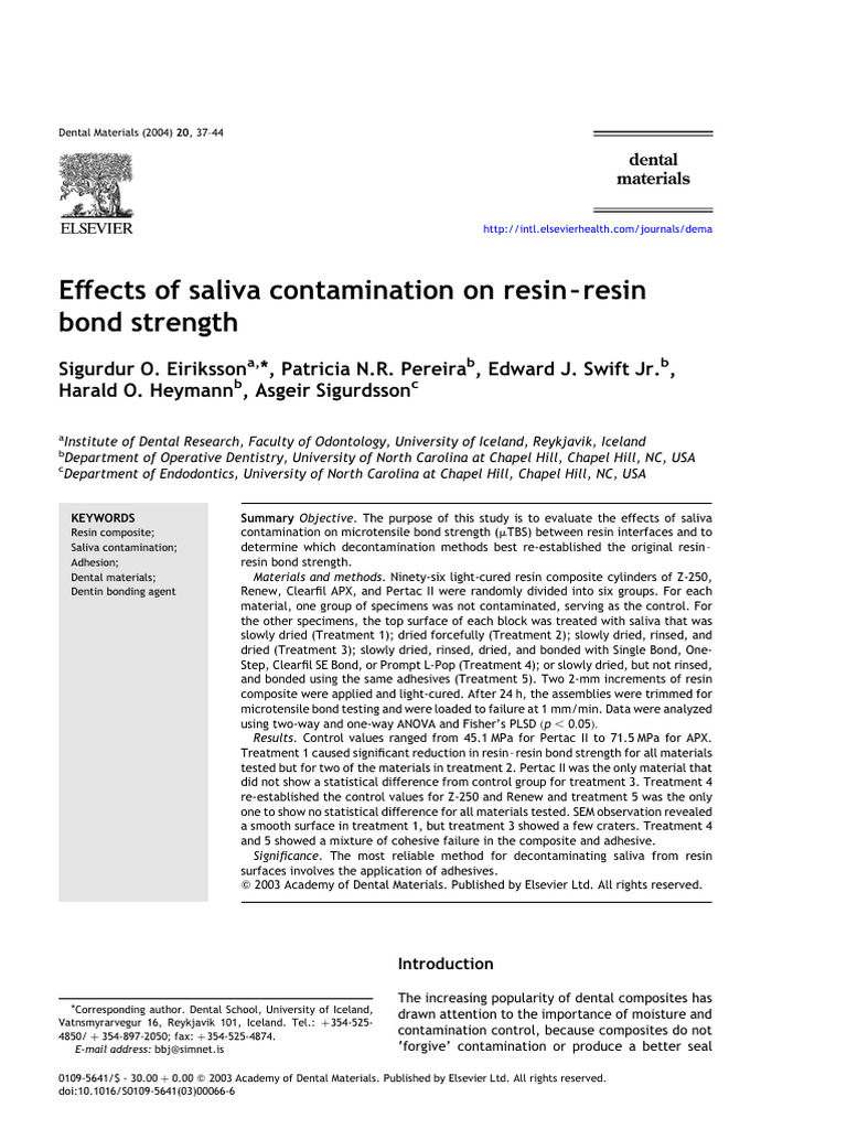 Eiriksson 2004 Effects of Saliva Contamination On Resin Resin Bond ...