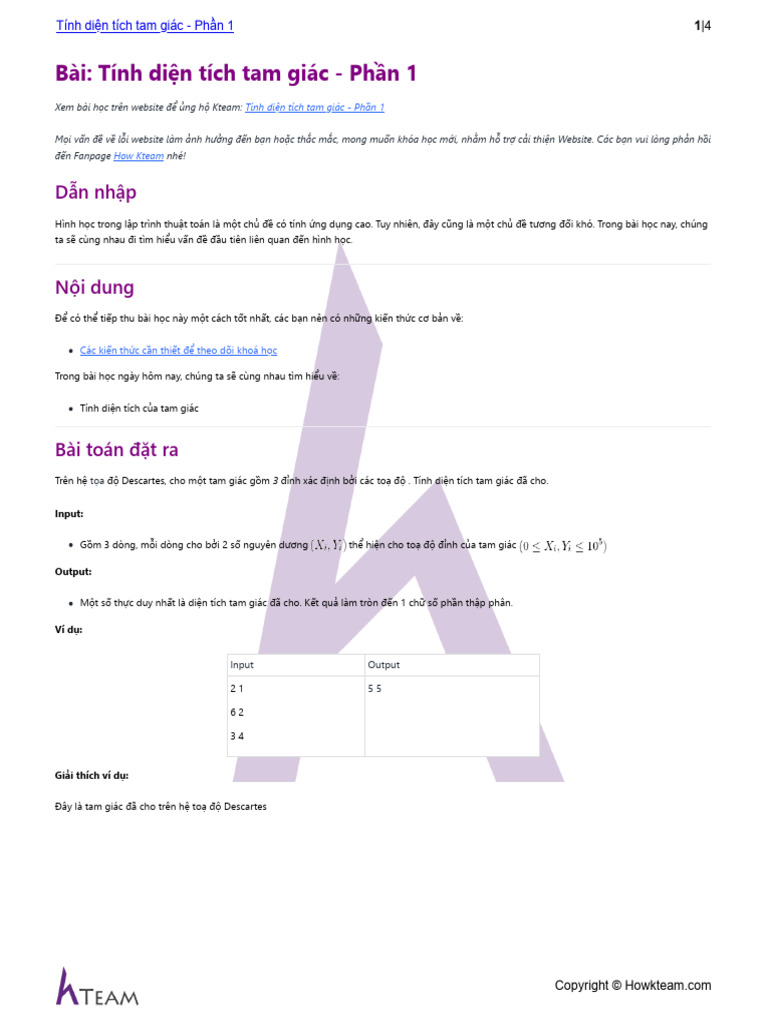 HOWKTEAM.vn - Tính Diện Tích Tam Giác - Phần 1 | PDF