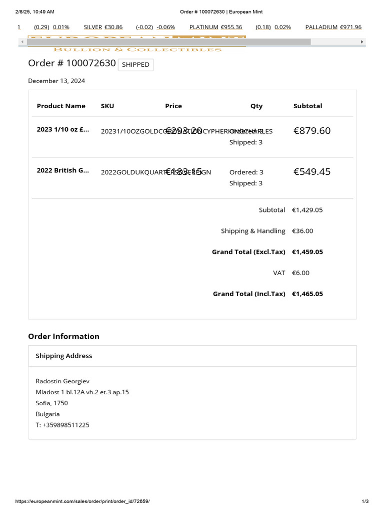 Order # 100072630 - European Mint | PDF | Payments | Money