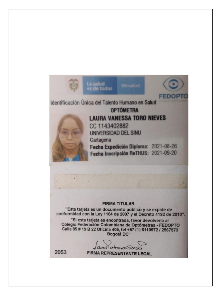 Tarjeta Profesional Optometra | PDF