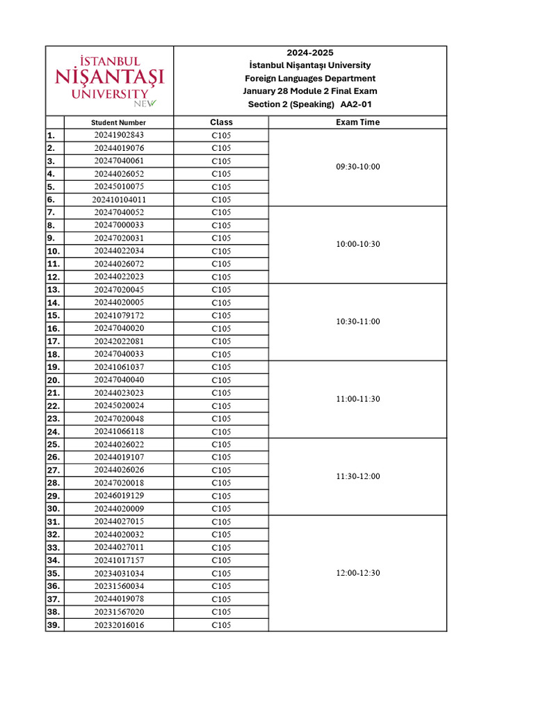 İstanbul Nişantaşı University Exam Schedule | PDF