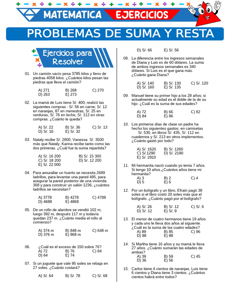 Problemas de Suma y Resta para Sexto Grado de Primaria | PDF
