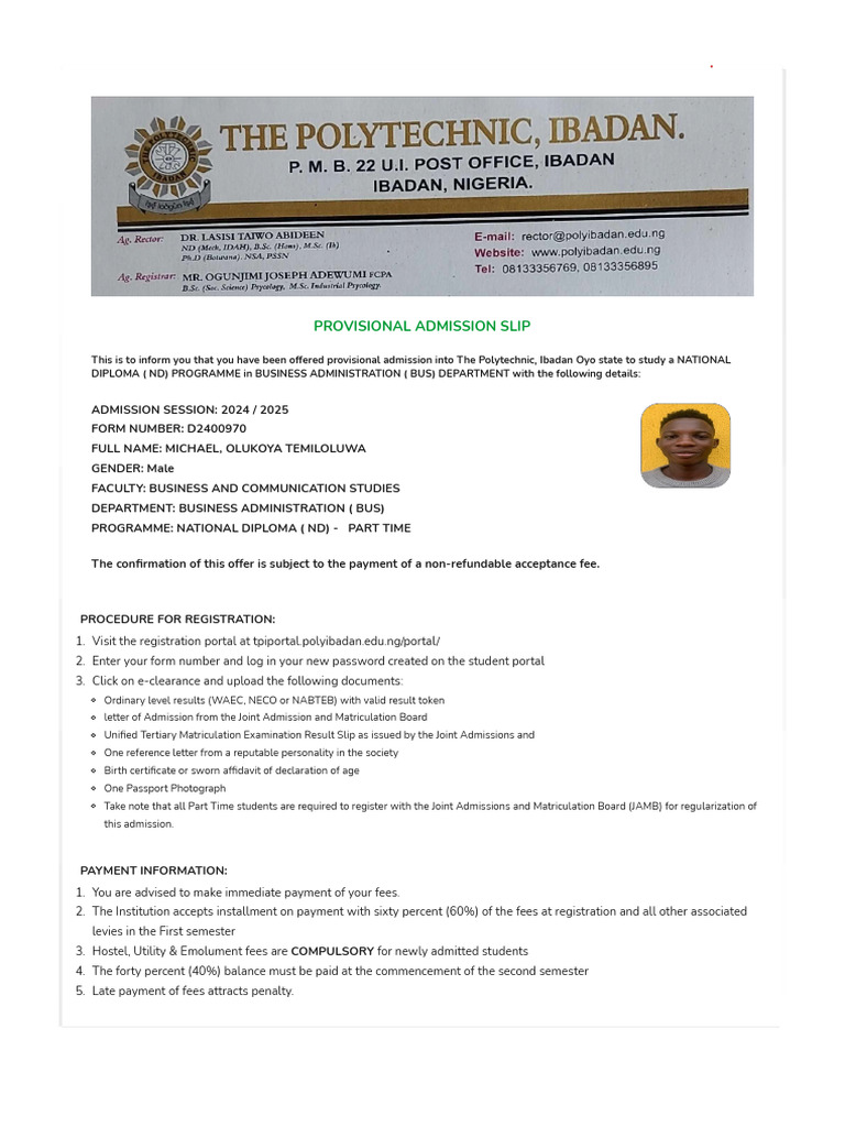 Polytechnic Ibadan Registration Procedure | PDF