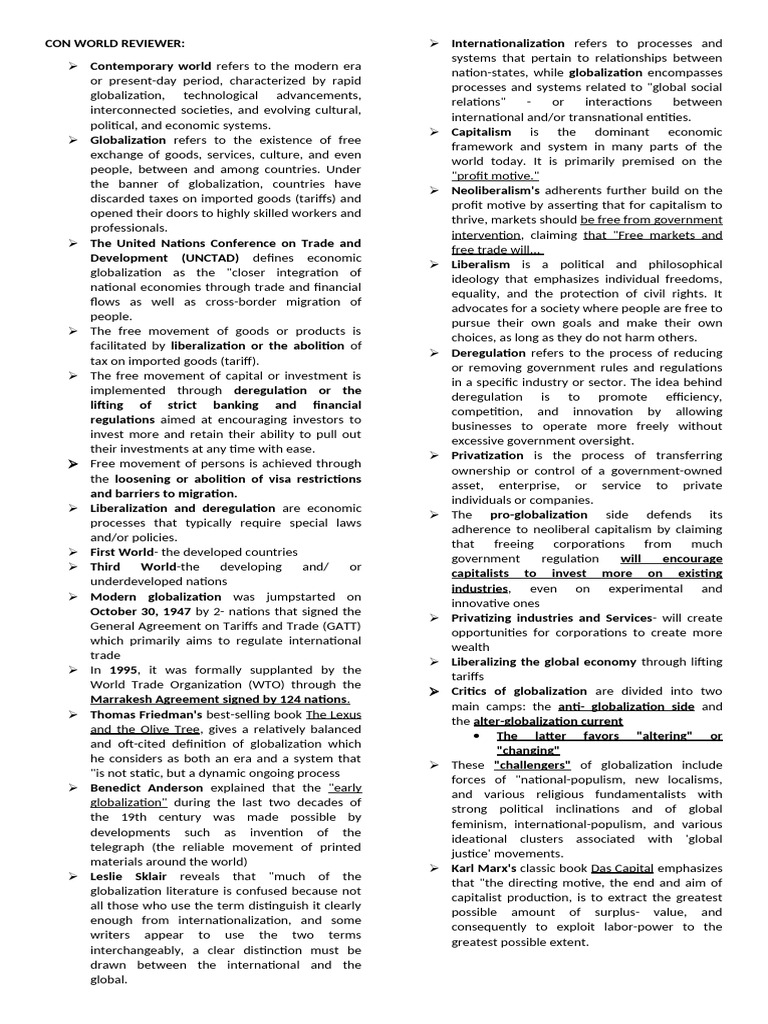 Con World Reviewer (Mid Term) | PDF | Globalization | Capitalism