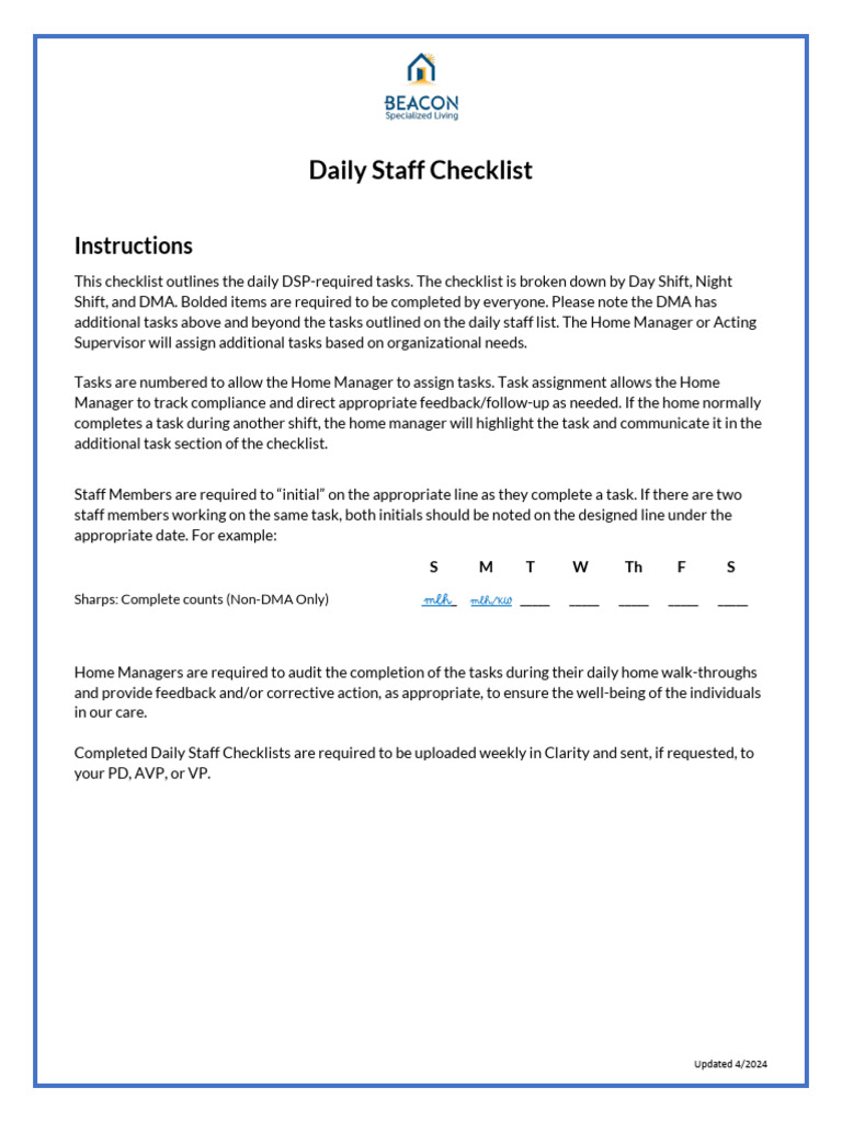 DSP Daily Checklist 2024 | PDF | Bedroom | Kitchen