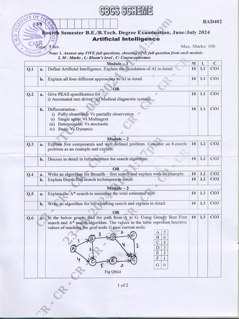 VTU Question Paper of BAD402 Artificial Intelligence Jun-July-2024 | PDF