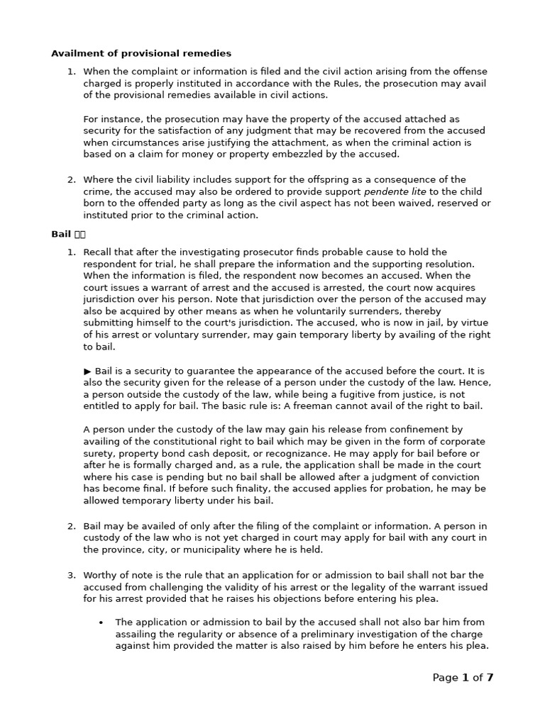 1 Availment of Provisional Remedies | PDF | Plea | Bail