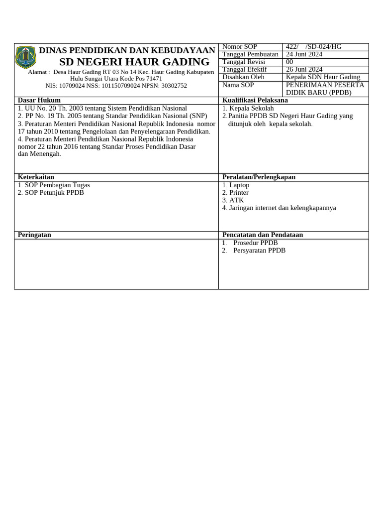 SOP PPDB SD Negeri Haur Gading 2024 | PDF