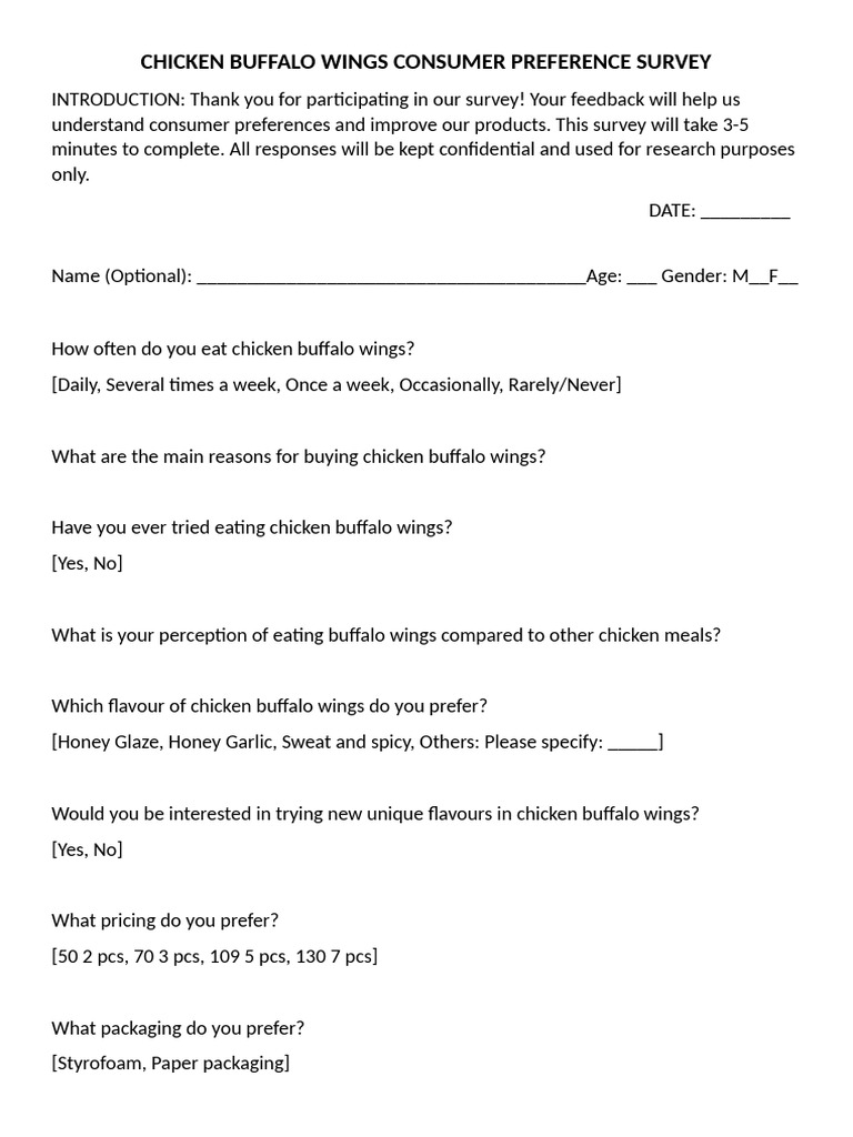 Buffalo Wings Consumer Preference Survey | PDF