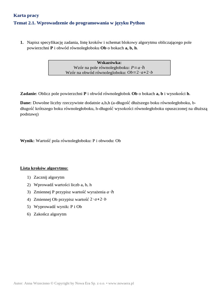 Michał Komar - Równoległobok Karta pracy - algorytm - schemat (1) | PDF