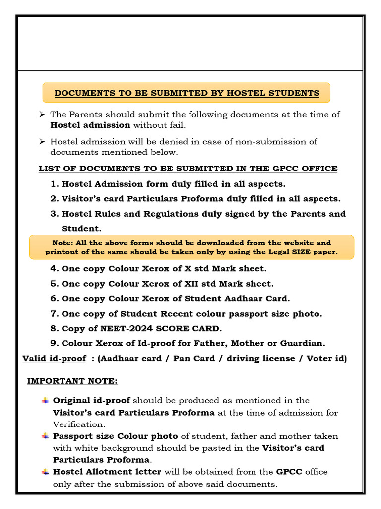 GPCC Hostel Admission Document Checklist | PDF