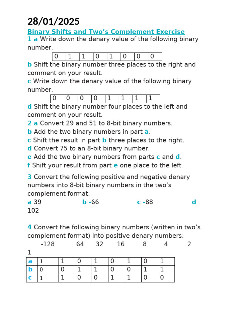 Binary Shifts and Two' Complement Ex | PDF