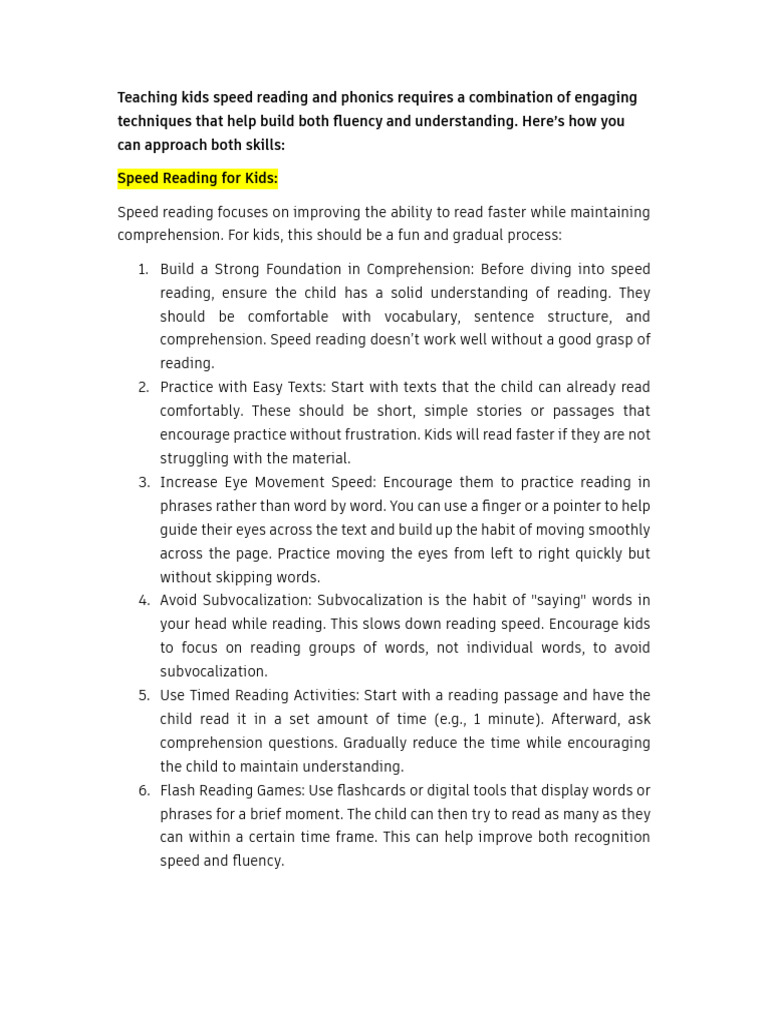 Speed reading and phonic for kids | PDF | Phonics | Reading Comprehension