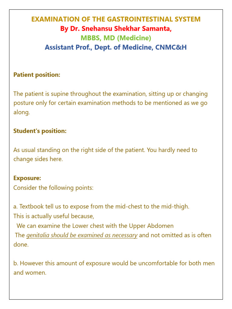 GI Examination Snehansu Da Coloured | PDF | Abdomen | Hand