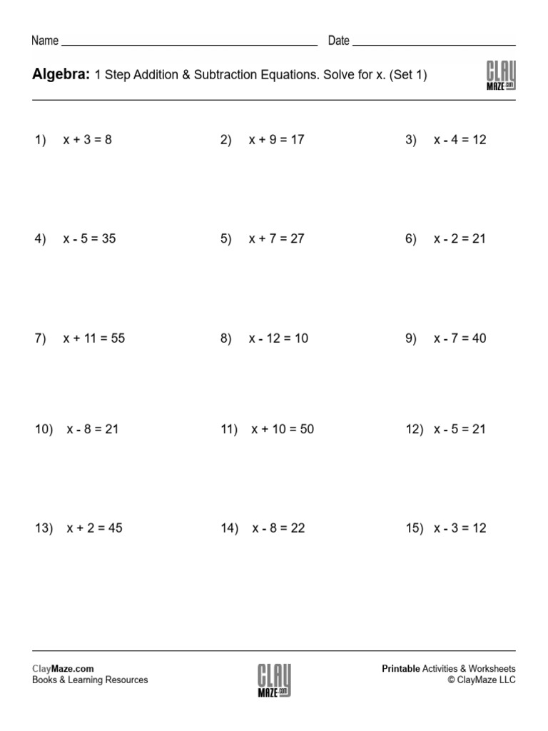 Printable Algebra Worksheet - 1 Step Addition & Subtraction Equations ...