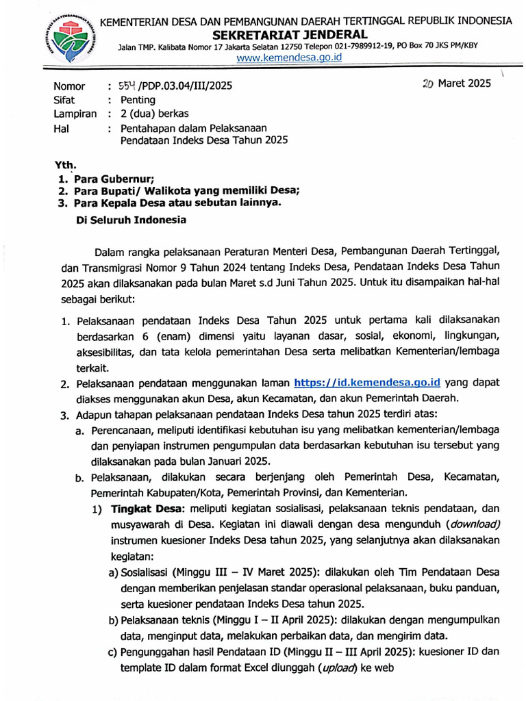 554 - Surat Pentahapan Pelaksanaan Pendataan Indeks Desa Tahun 2025 | PDF
