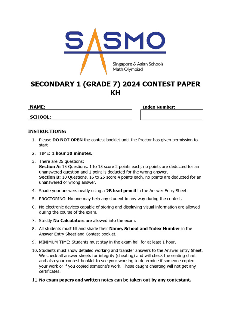 SASMO 2024 Grade 7 KH | PDF