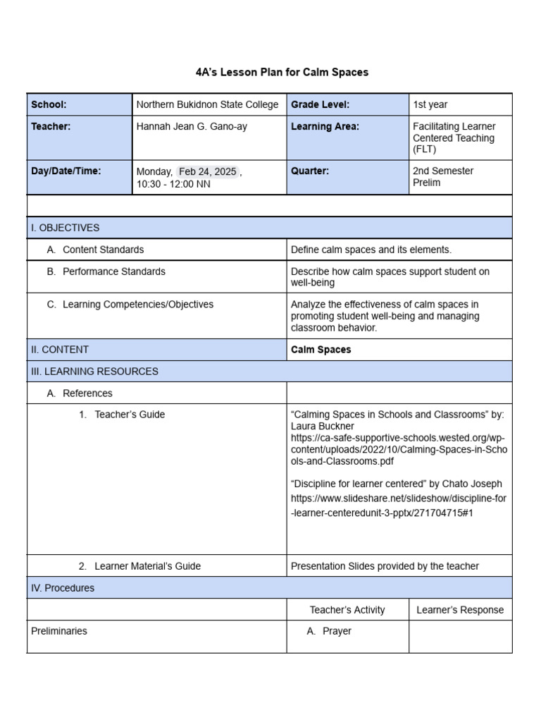 Lesson Plan: Creating Calm Spaces | PDF | Teachers | Mindfulness