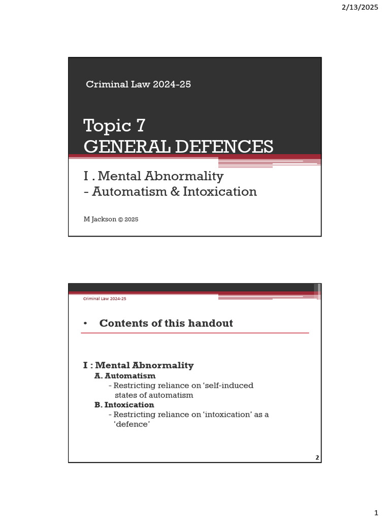 Topic 7 (I) Handout II - Automatism Intoxication | PDF | Recklessness ...