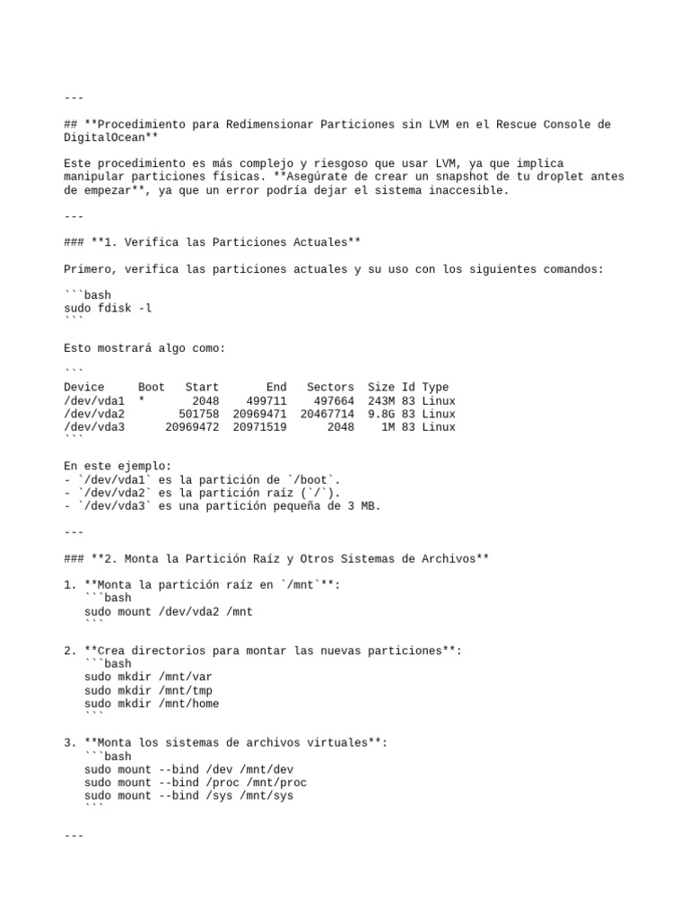 Procedimiento para Redimensionar Particiones Sin LVM en El Rescue Console de DigitalOcean | PDF ...