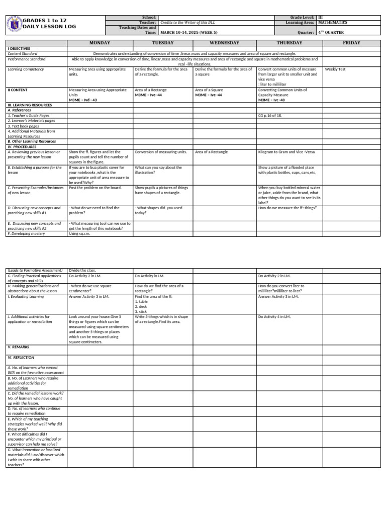 DLL - Mathematics 3 - Q4 - W5 | PDF | Area | Learning