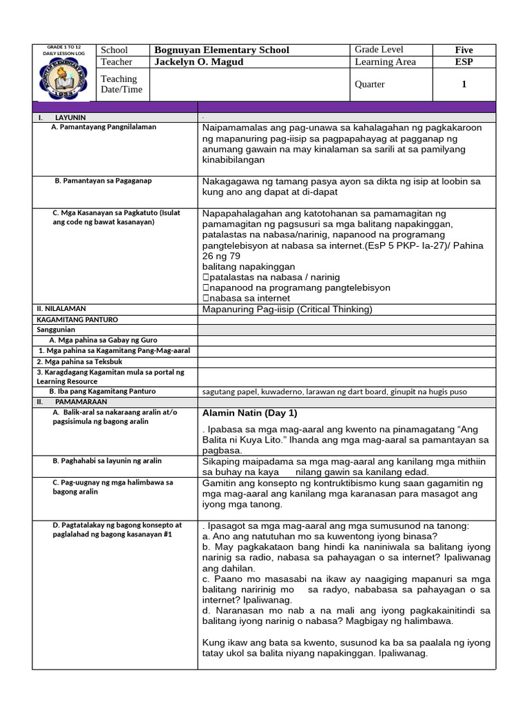 Bognuyan Elementary School Jackelyn O. Magud: School Grade Level ...
