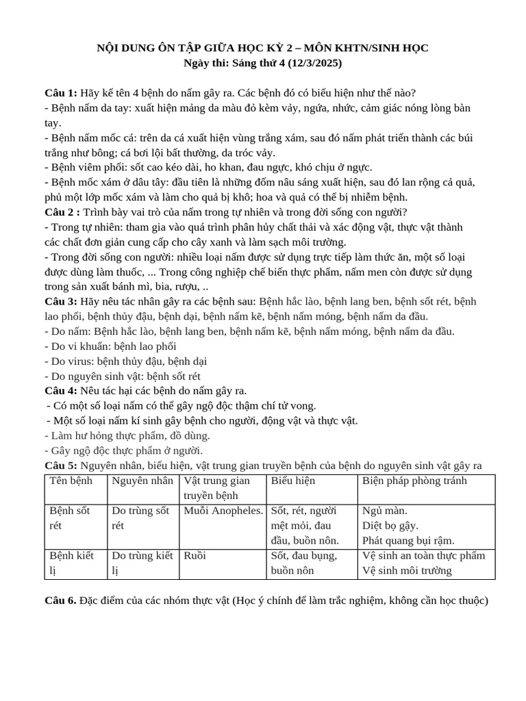 KHTN-Sinh Hoc-On Tap Giua HK2 | PDF