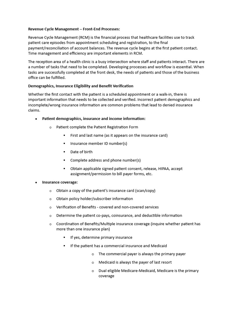 RCM Front End Process Notes | PDF | Medicaid | Payments