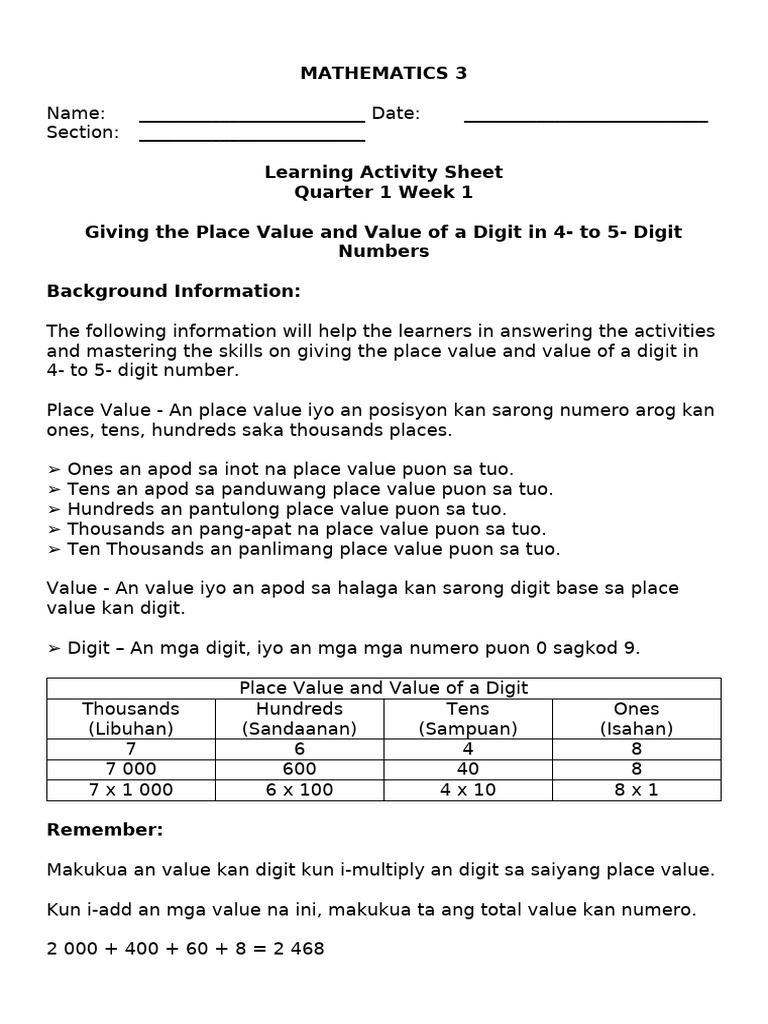 Place Value and Value of A Digit | PDF | Mathematics