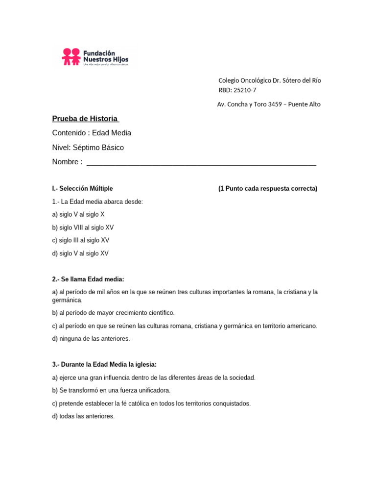 Prueba de Historia: Edad Media 7° Básico | PDF | Edades medias | Feudalismo
