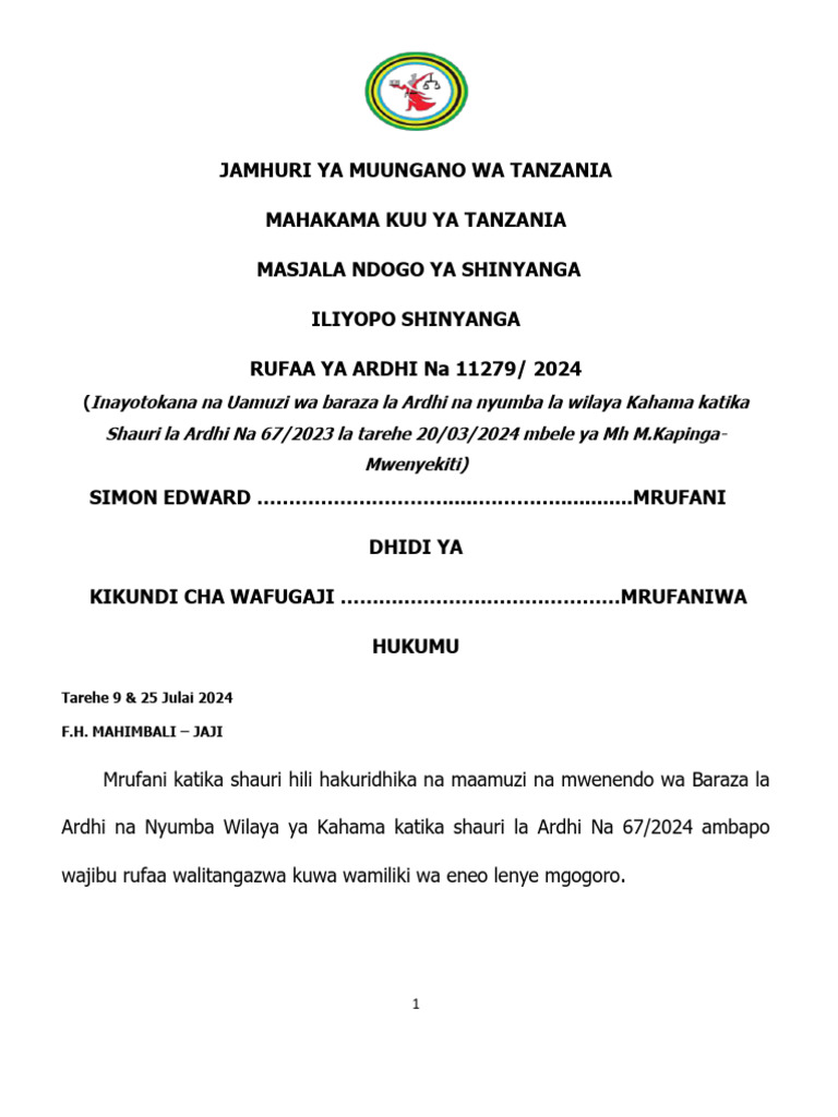 Simon Edward Vs Kikundi Cha Wafugaji 2024 TZHC 7120 (25 July 2024) | PDF