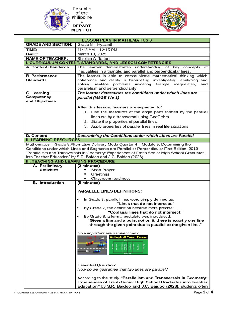 Grade 8 Math Lesson Plan | PDF | Learning | Geometry