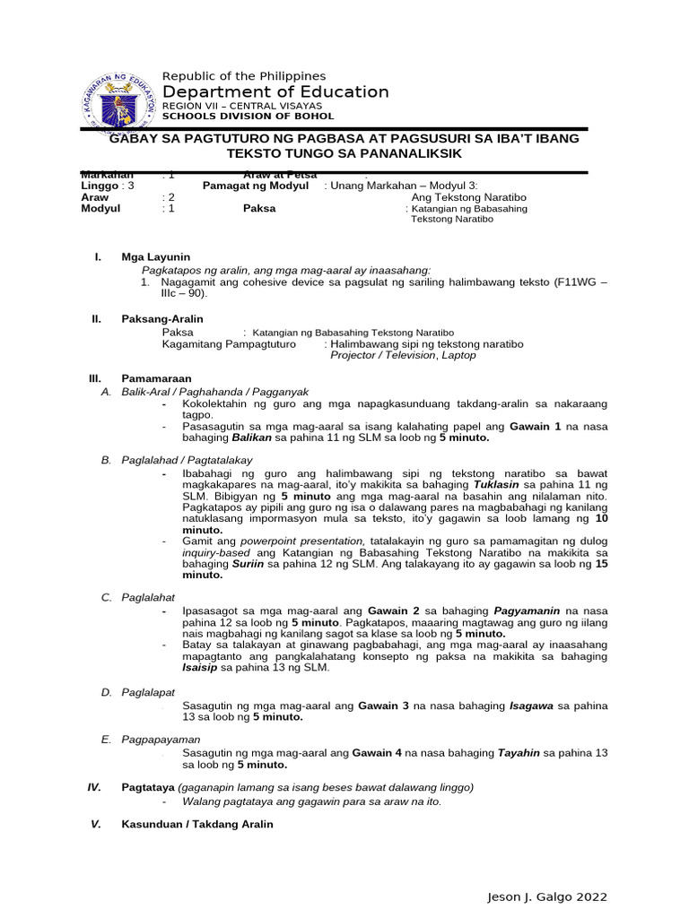 DLG PAGBASA11 Q1 Wk3 Day2 | PDF