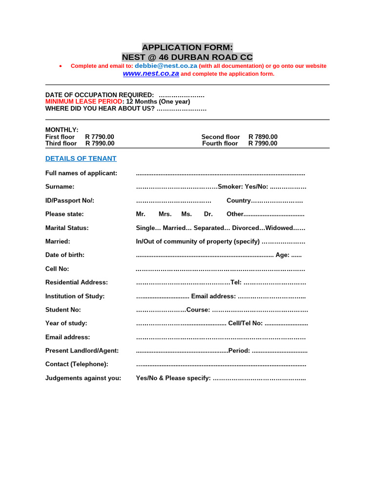 46 Durban Road CC Application Form 2025 | PDF | Lease | Landlord
