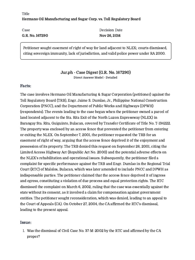 Hermano Oil Manufacturing & Sugar Corp. vs. Toll Regulatory Board | PDF ...