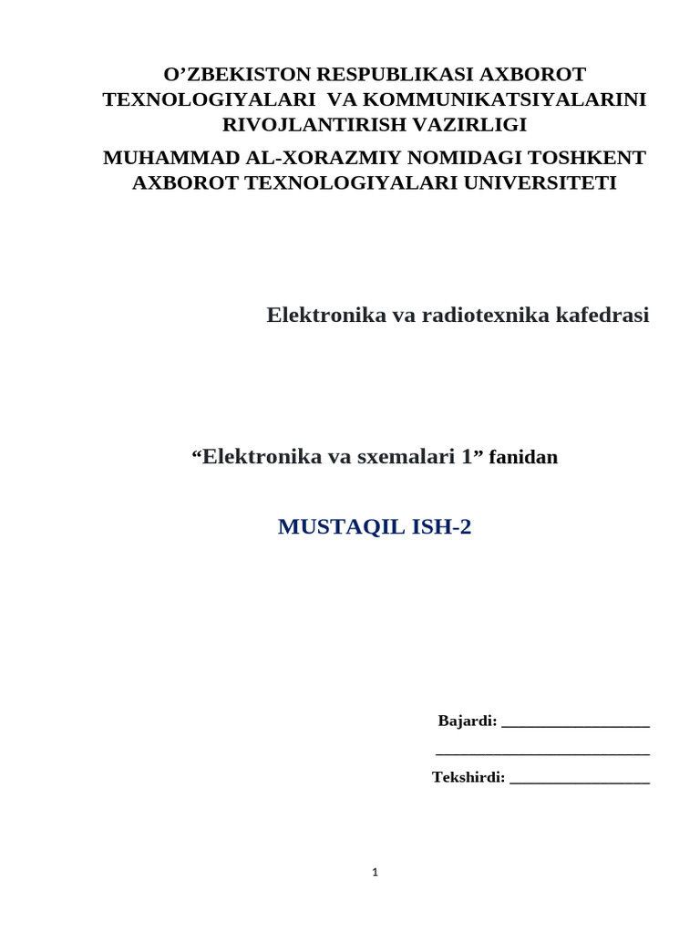 Elektronika Va Sxemalar 1 Mustaqil Ish 2 | PDF