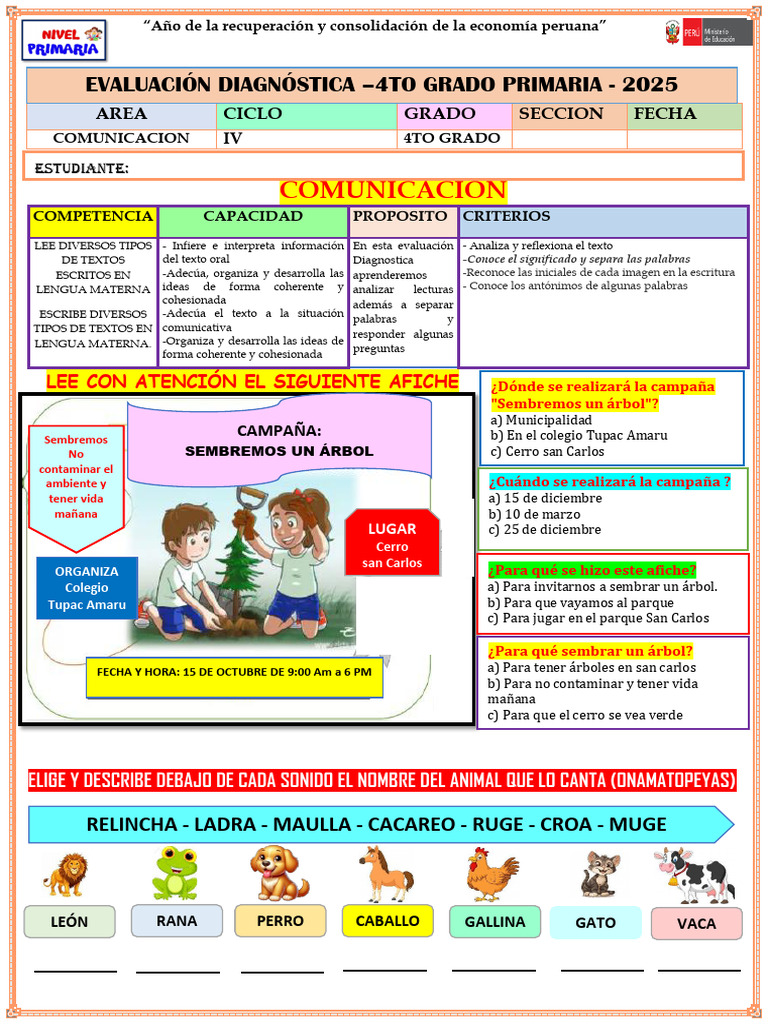 Evaluación Diagnóstica 4to Grado 2025 | PDF