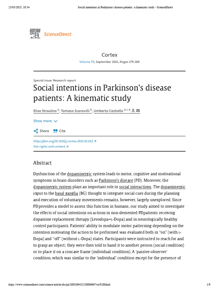 Social Intentions in Parkinson's Disease Patients - A Kinematic Study ...