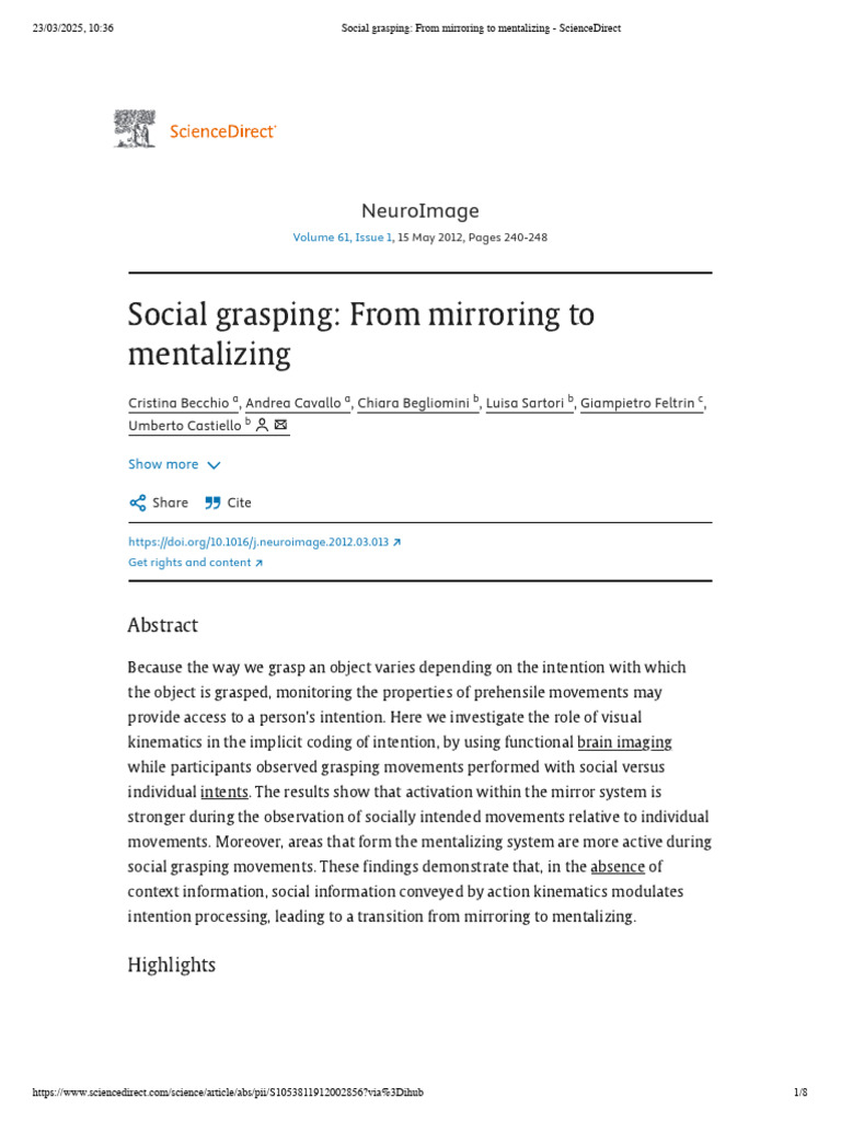 Social Grasping - From Mirroring To Mentalizing - ScienceDirect | PDF | Intention | Cingulate Cortex