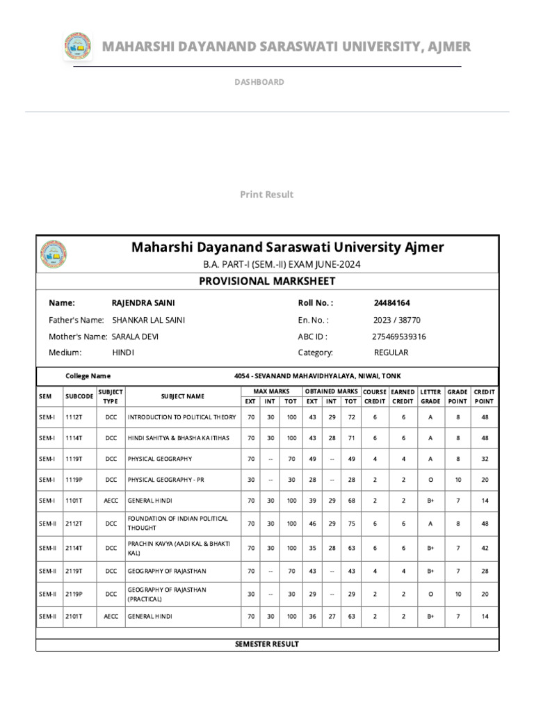 Maharshi Dayanand Saraswati University, Ajmer | PDF | Course Credit ...