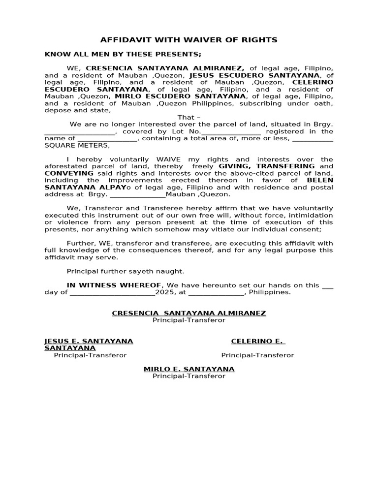 AFFIDAVIT WITH WAIVER OF RIGHTS SANTAYANA ET.AL | PDF | Document ...