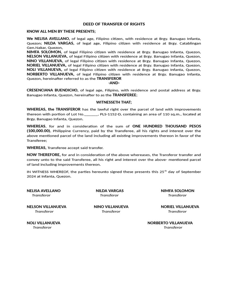 Deed of Land Transfer in Quezon | PDF | Philippines | Legal Documents
