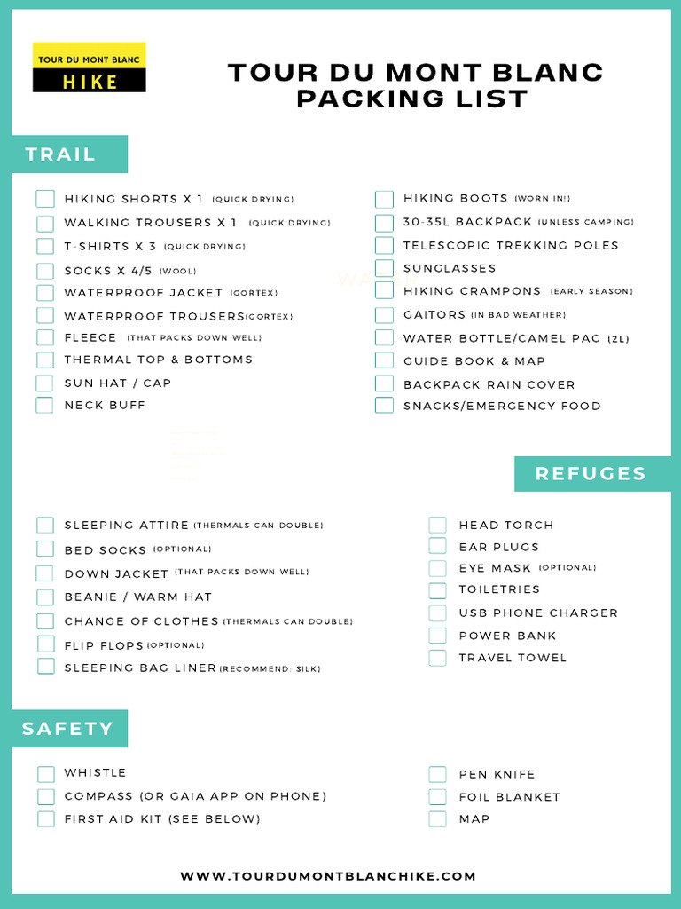 Tour Du Mont Blanc Hike Packing List | PDF | Hiking
