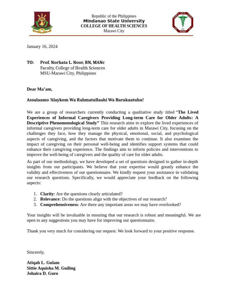 Validation Letter For Questionnaire | PDF