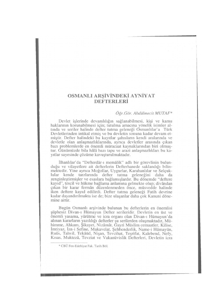 Abdülmecit Mutaf-Osmanlı Arşivindek I Ayniyat Defterleri | PDF