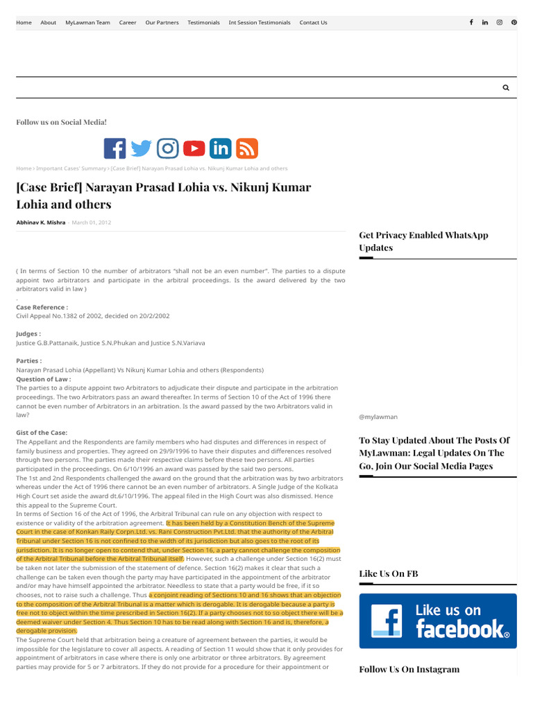 Narayan Prasad Lohia vs. Nikunj Kumar Lohia and Others (2002) | PDF | Arbitral Tribunal ...