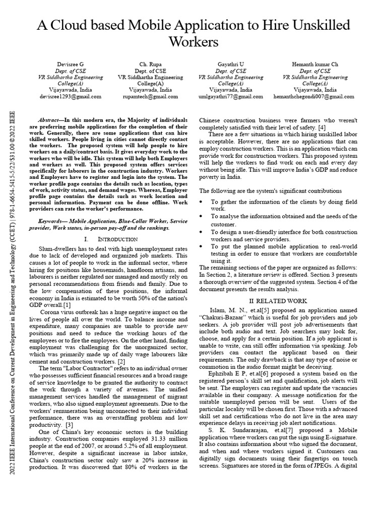 A Cloud Based Mobile Application To Hire Unskilled Workers | PDF | Employment | User (Computing)