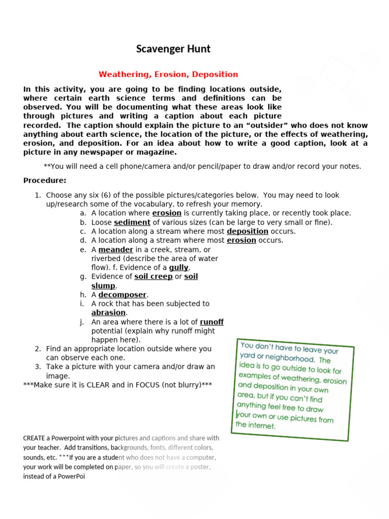 Weathering and Erosion Scavenger Hunt | PDF